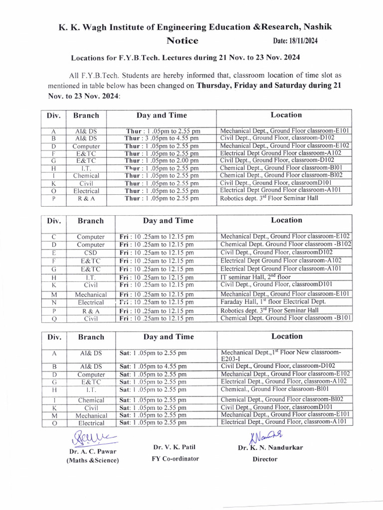 F.Y. B. Tech Class Locations From 21 ST To 23rd Nov. 2024 | PDF