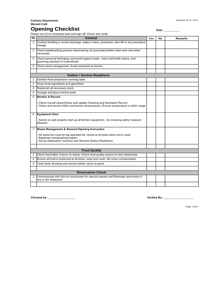 Steward Kitchen - Opening & Closing Checklist | PDF | Kitchen | Waste