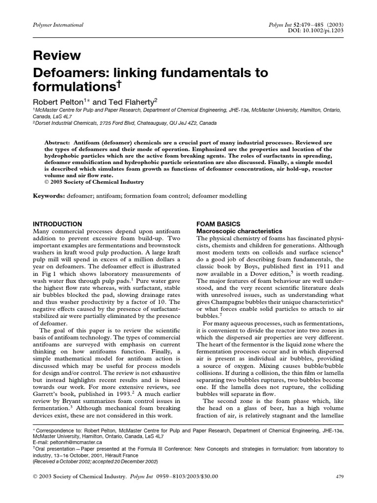 Defoamer Chemical Composition Review | PDF | Emulsion | Foam