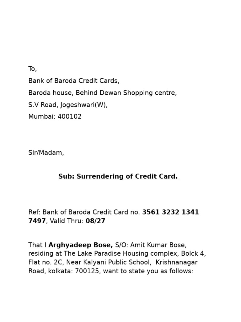 Request to Surrender Credit Card | PDF | Career & Growth | Finance ...