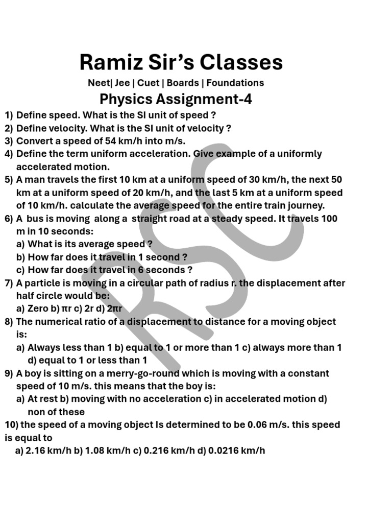 Physics Assignment on Speed and Motion | PDF | Teaching Methods ...