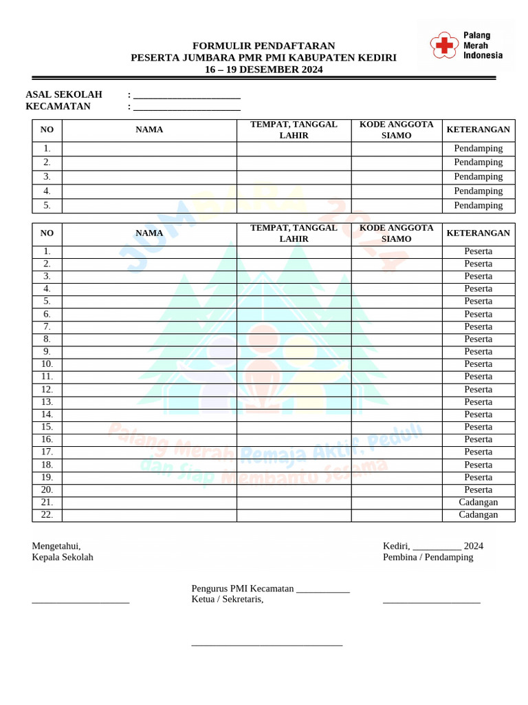 Blangko Pendaftaran Jumbara PMR Madya Wira 2024 | PDF