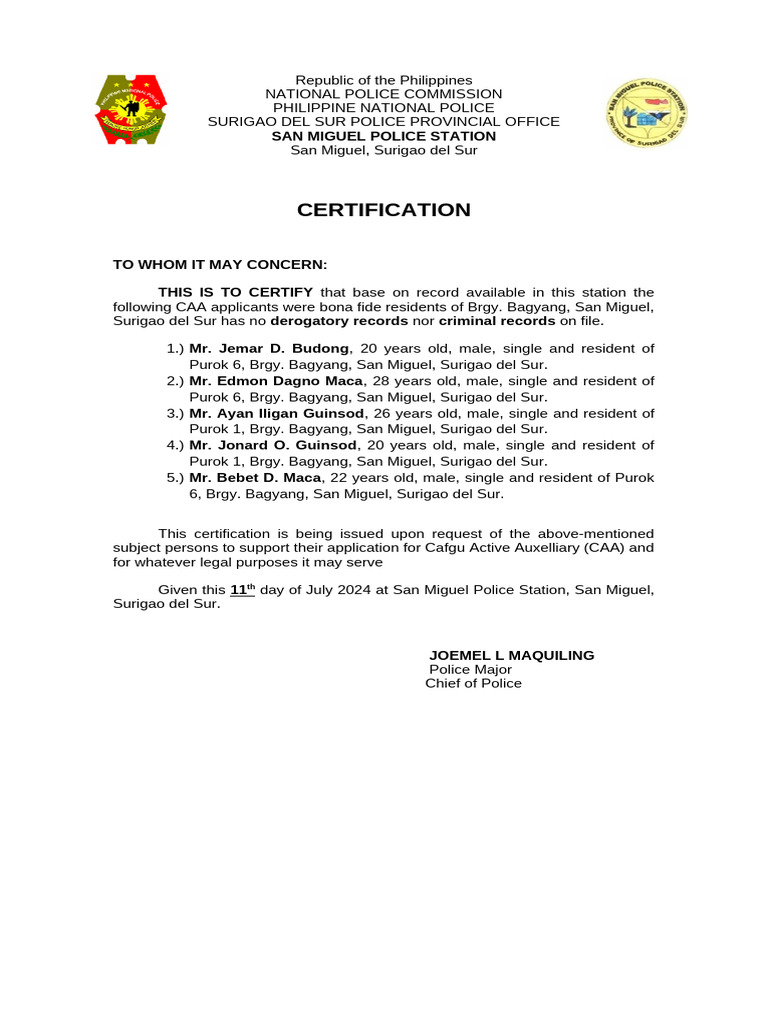 CERTIFICATION CAA | PDF | Crimes | Crime & Violence