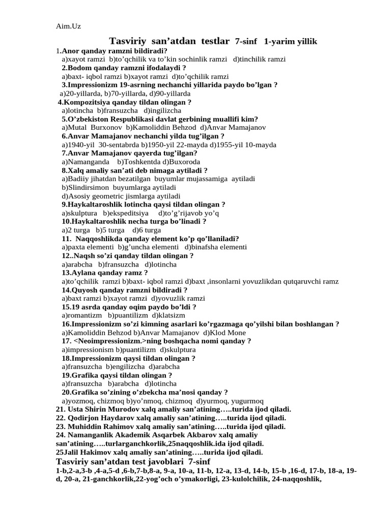 Tasviriy Sanat 7 Sinf Test | PDF