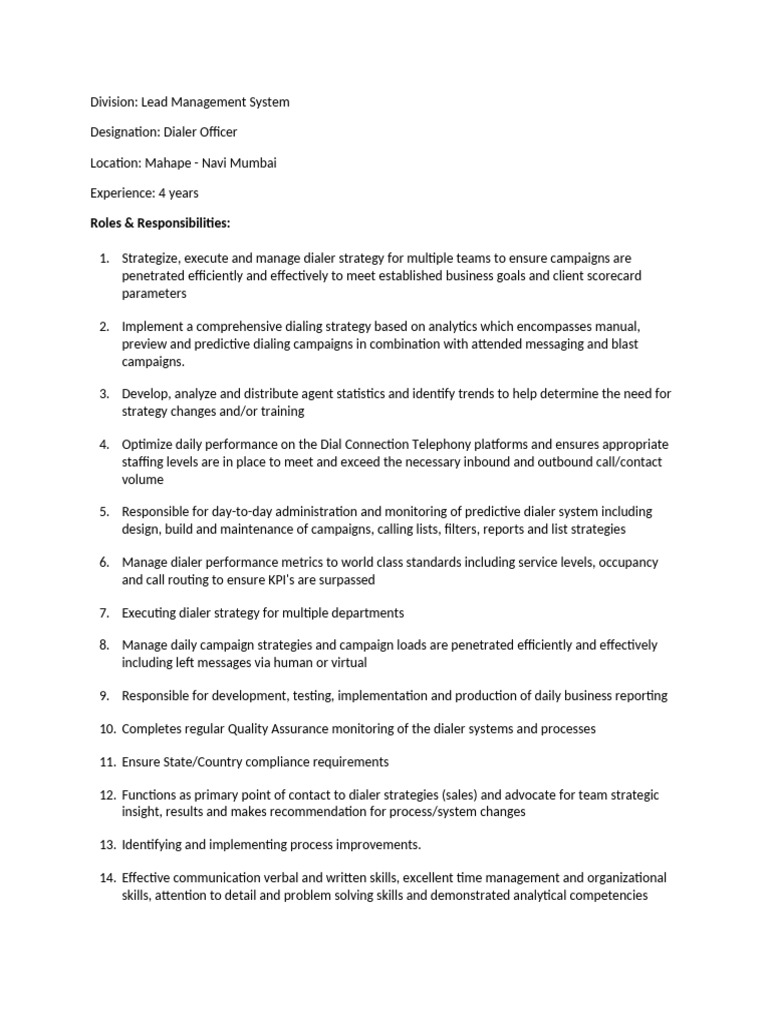JD- Sr. Dialer Officer | PDF | Call Centre | Computing