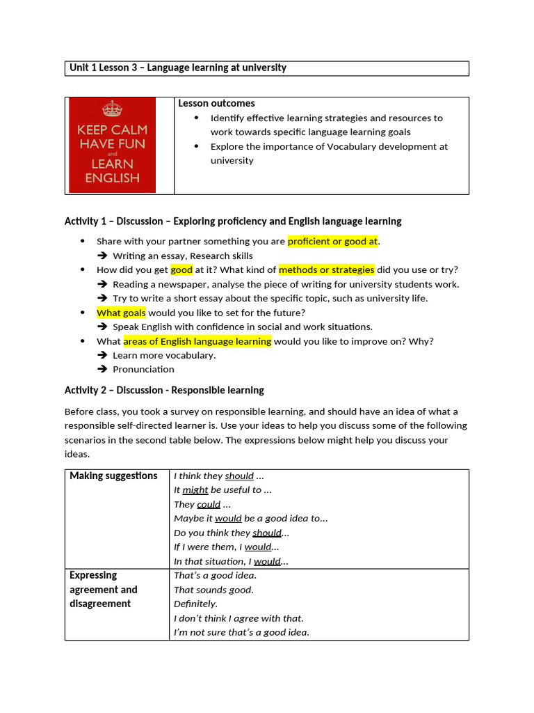 U1L3 SN - Language Learning at University | PDF | Vocabulary | Learning