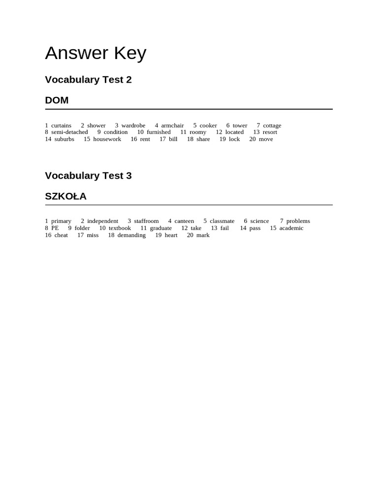 Answer Key Vocabulary Test 3 | PDF