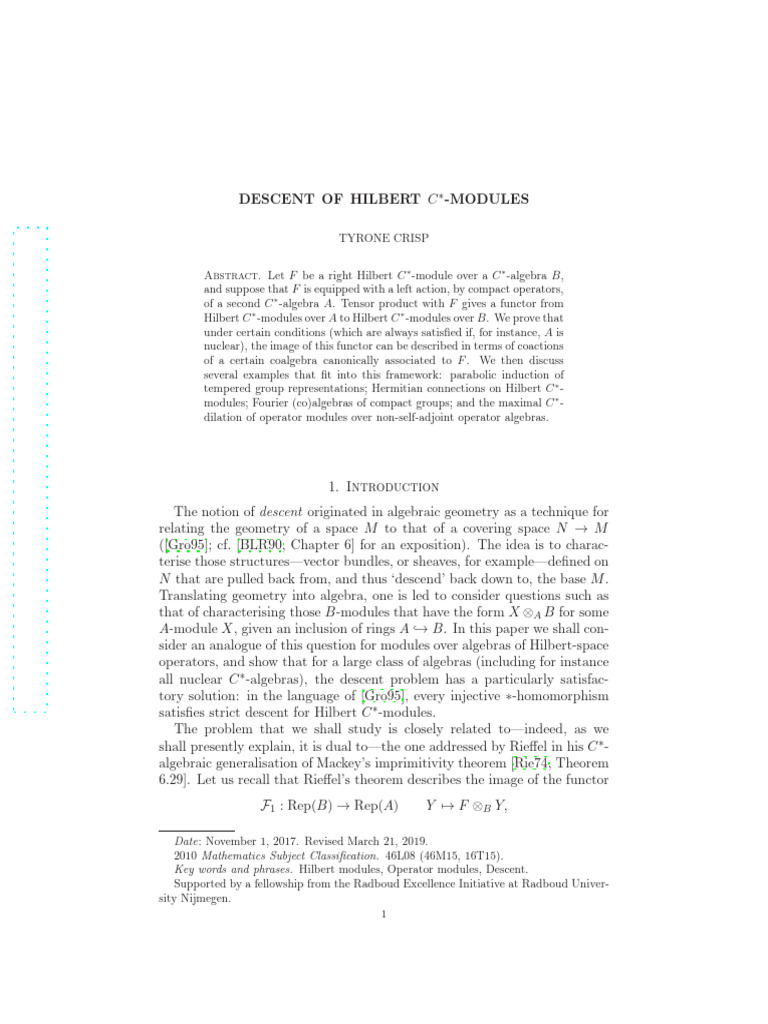 Descent of Hilbert - Modules: Abstract | PDF | Operator (Mathematics) | Representation Theory