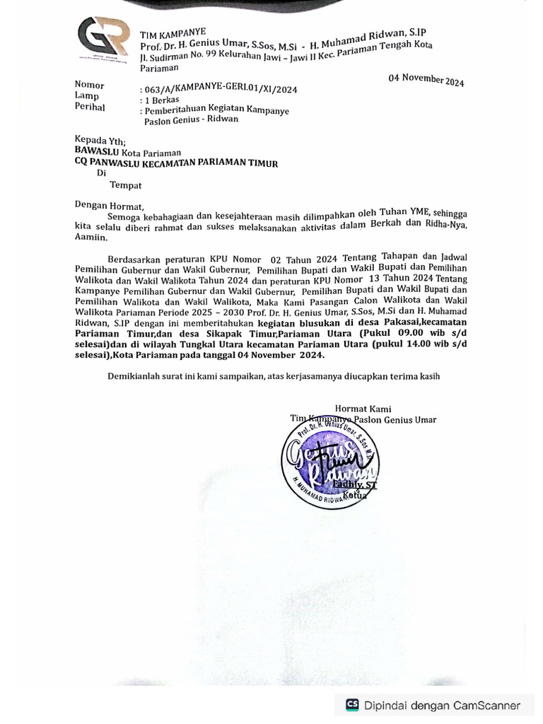 Pemberitahuan Kampanye Genius-Ridwan, Partim | PDF