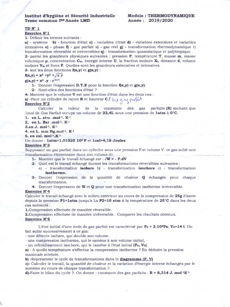 Exo4 Moy Correction TD Thermo de L'exo 1 | PDF