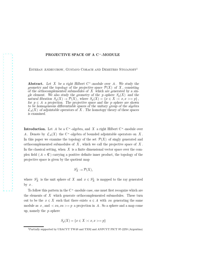 Projective Space of A C - Module: Esteban Andruchow, Gustavo Corach and Demetrio Stojanoff | PDF ...