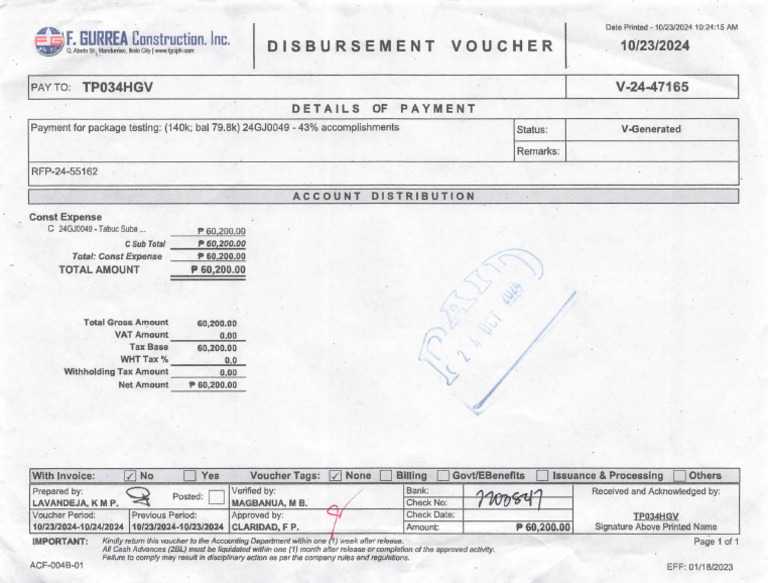 Disbursement Voucher - 001 | PDF