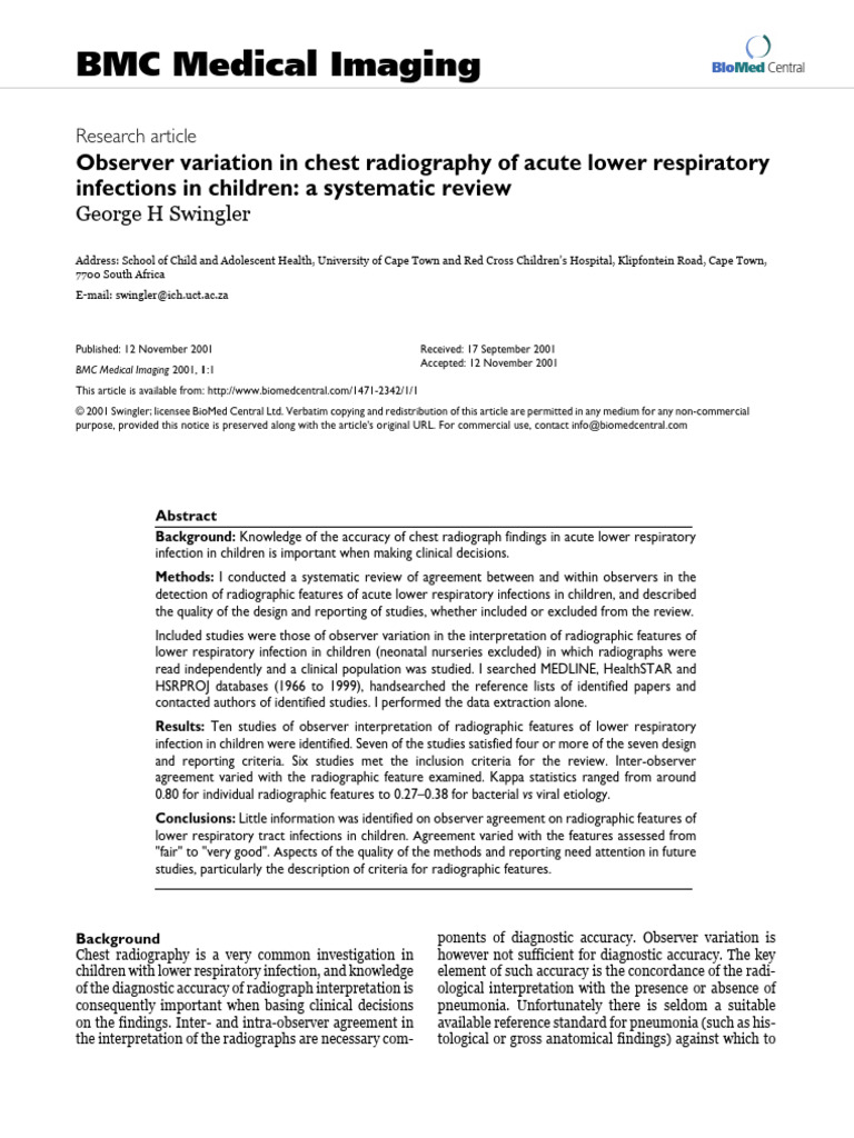 Swingler Observer Variation in Chest Radiography 2001 | PDF | Radiography | Pneumonia