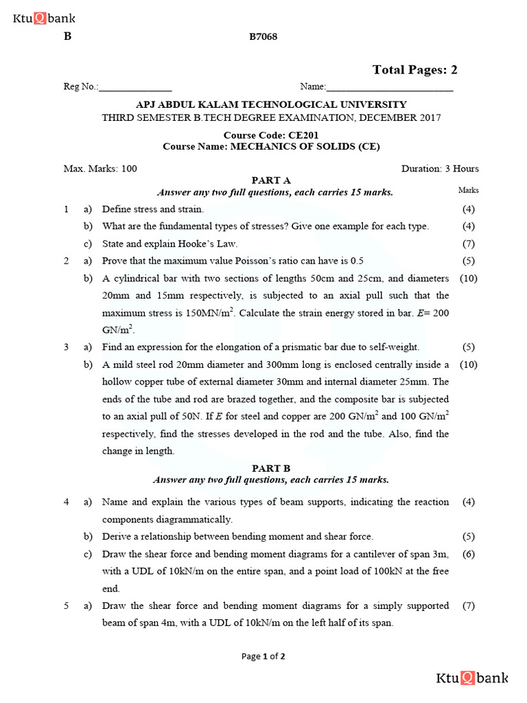 2017 Dec. CE201-C Mechanics of Solids - Ktu Qbank | PDF | Bending | Buckling