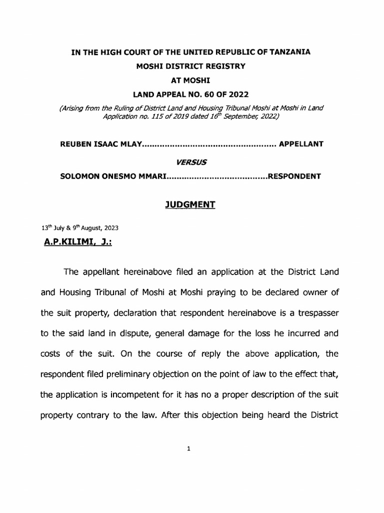Reuben Isaac Mlay Vs Solomon Onesmo Mmari (Land Appeal No 60 of 2022 ...