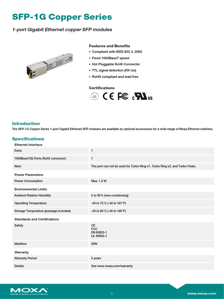 Moxa SFP 1g Copper Series Datasheet v2.0 | PDF | Ethernet | Telecommunications