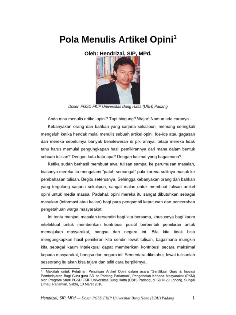 02 Pola Menulis Artikel Opini TERBARU Oleh Hendrizal SIP MPD Ngajar ...
