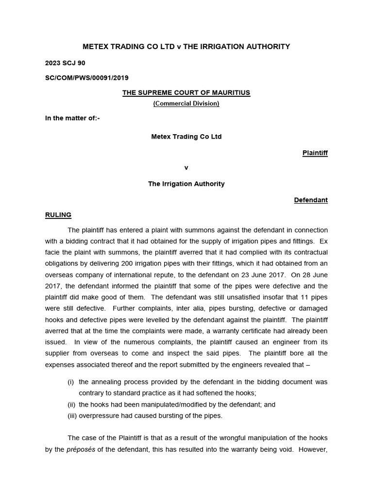 METEX TRADING CO LTD V THE IRRIGATION AUTHORITY | PDF | Summons ...