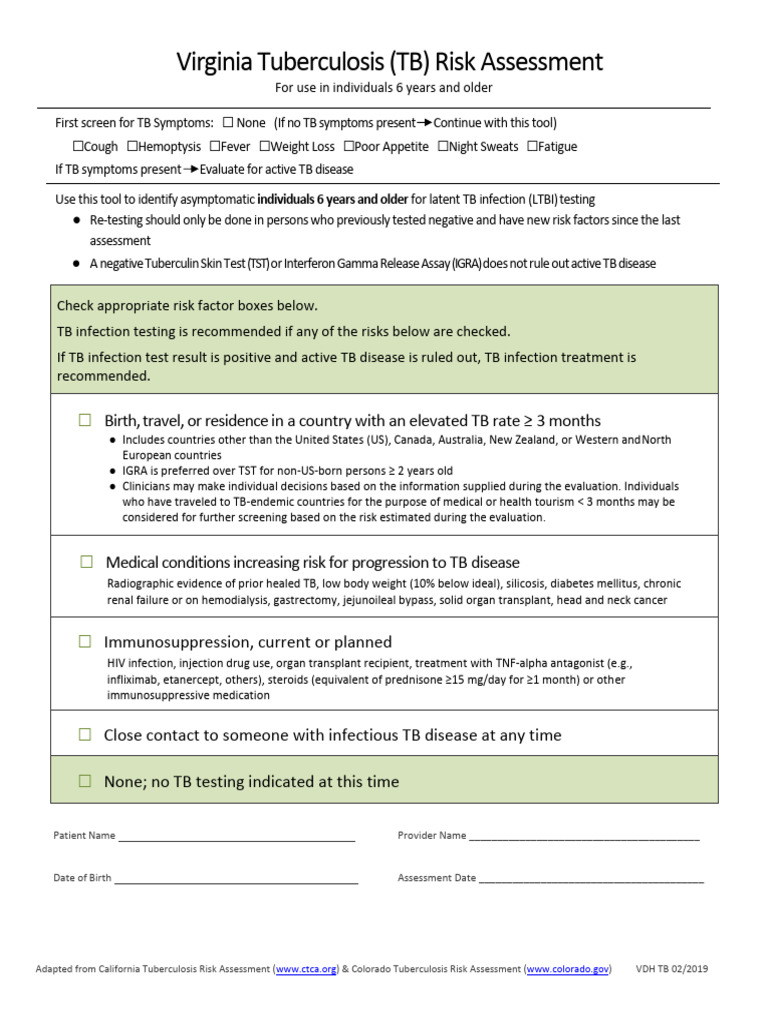 Virginia TB Risk Assessment Form | PDF | Tuberculosis | Animal Diseases