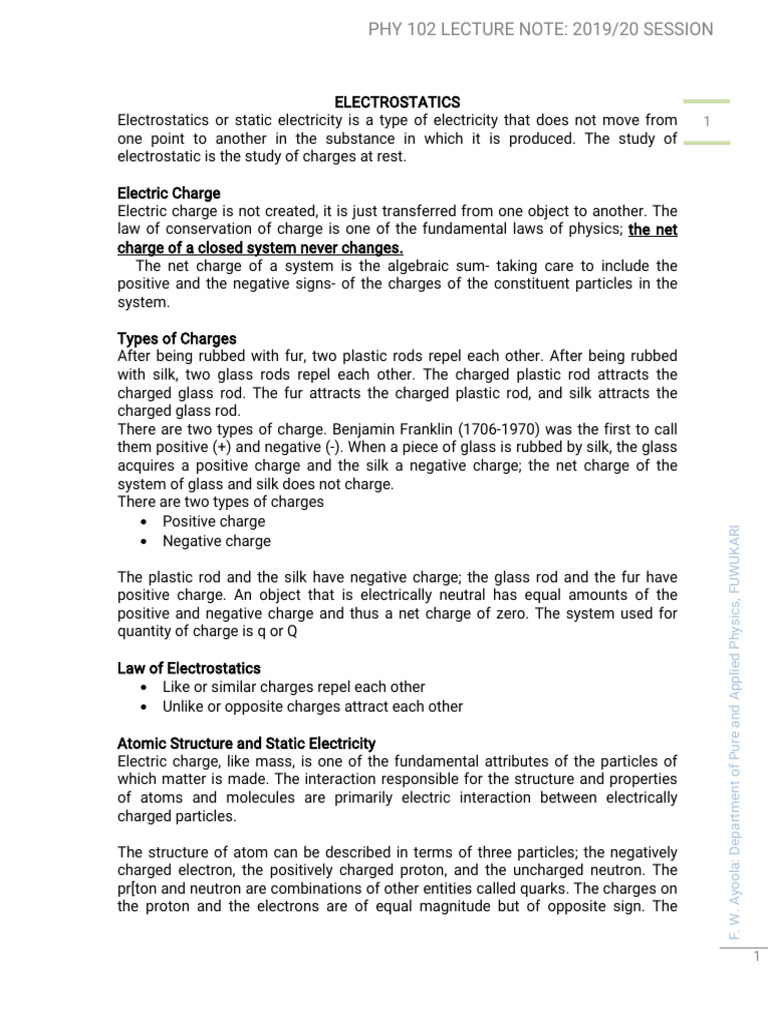 PHY 102 FUW - Electrostatics | PDF