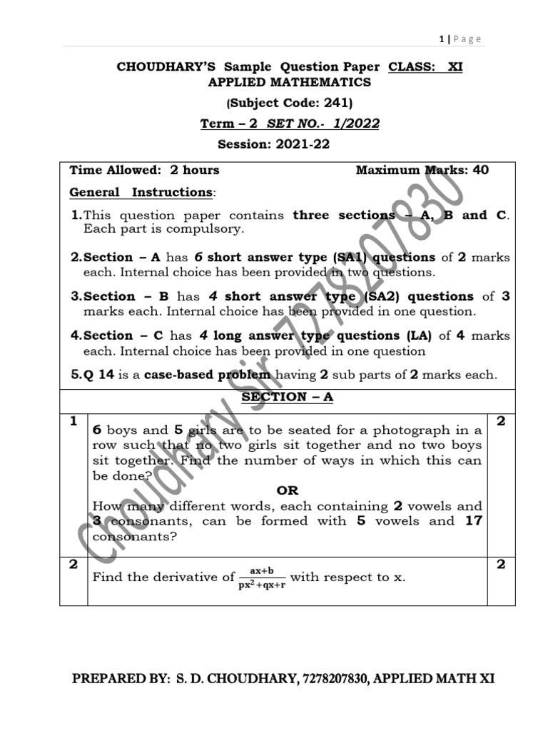 01 Applied Math Test Paper - Xi Set 1 - Sem 2 | PDF | Taxes ...