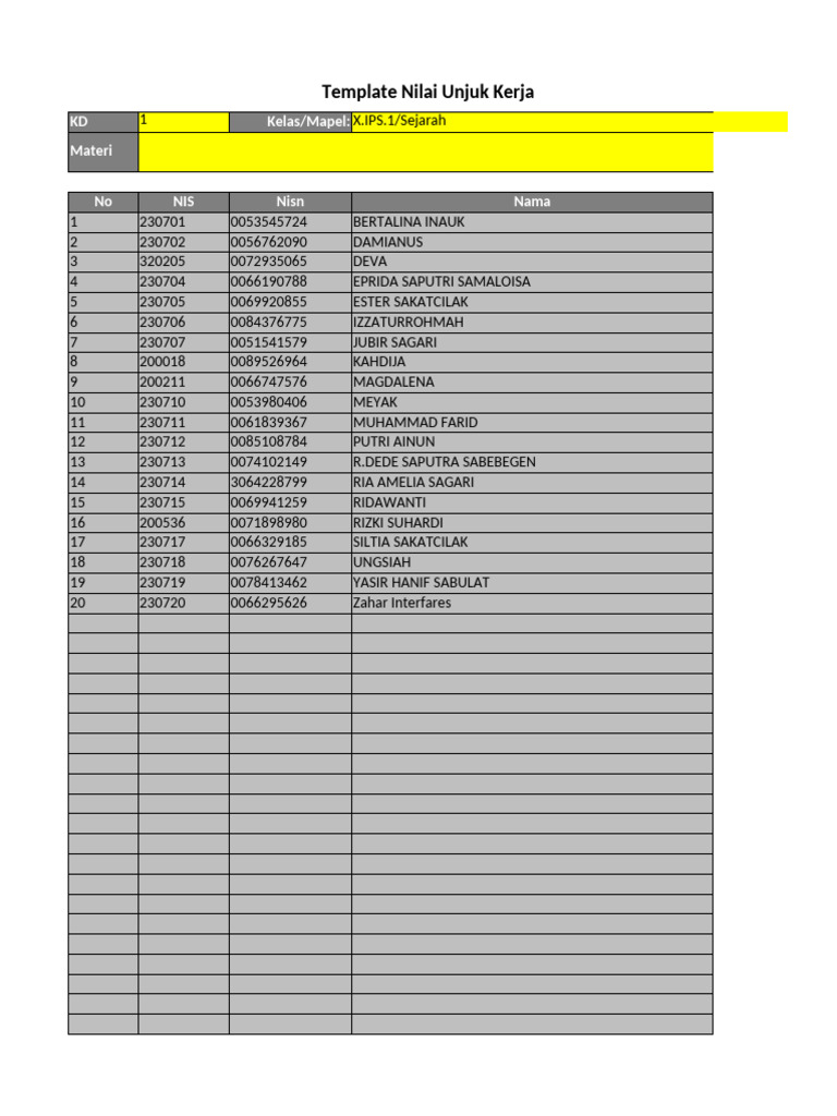Template Nilai Unjuk Kerja-X.IPS.1-EKONOMI | PDF