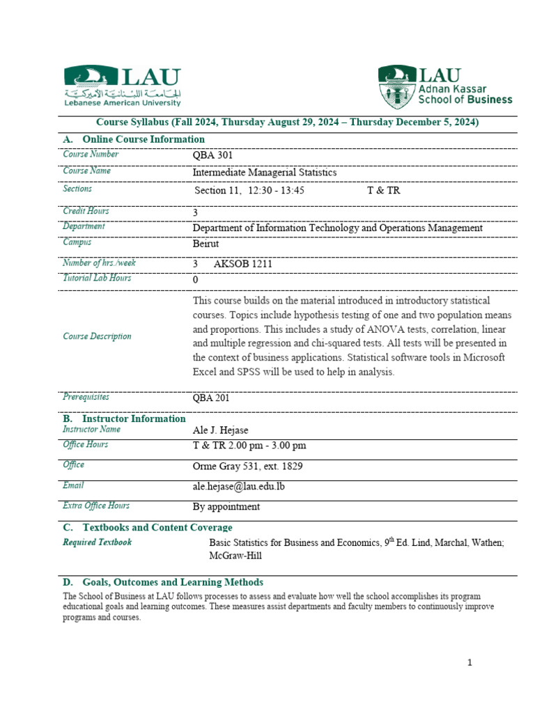Course Syllabus QBA 301 Fall 2024 | PDF | Academic Dishonesty | Plagiarism