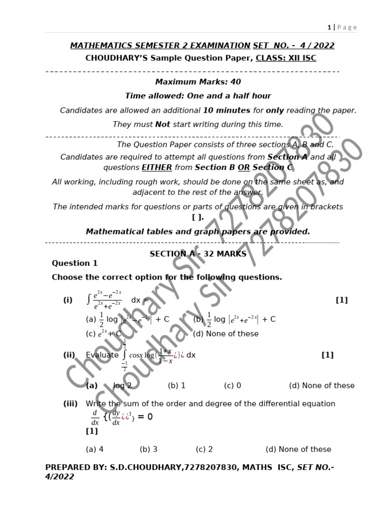 TEST PAPER-4 XII Math SEM 2 | PDF | Mathematical Analysis ...