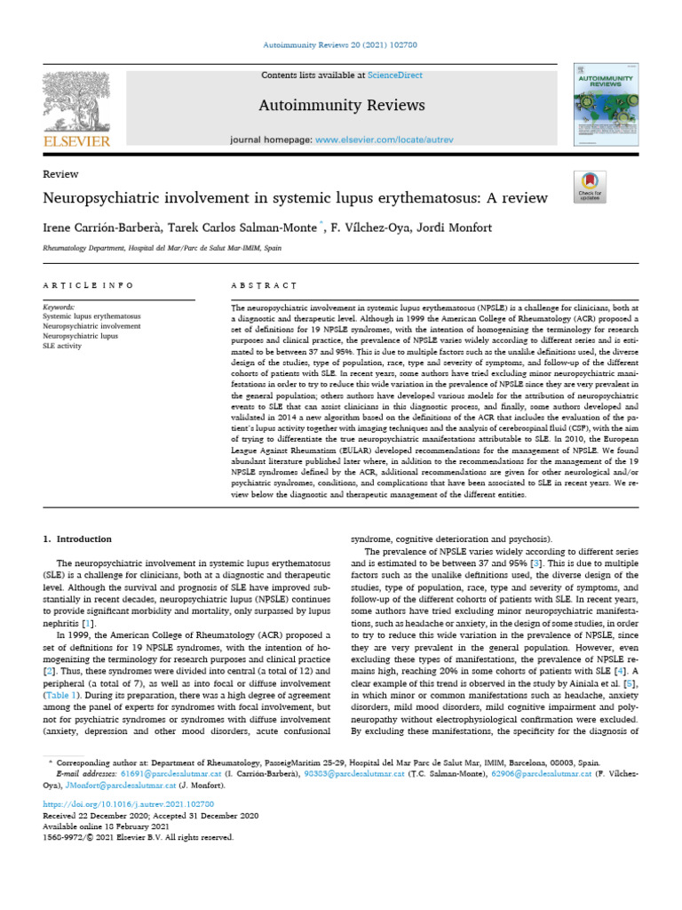 Neuropsychiatric Involvement in Systemic Lupus Erythematosus | PDF ...