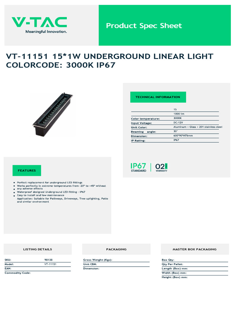 Vt-11151 15 1W Underground Linear Light COLORCODE: 3000K IP67 | PDF