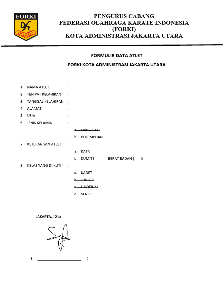 Formulir Data Atlet FORKI Utara Shalika | PDF