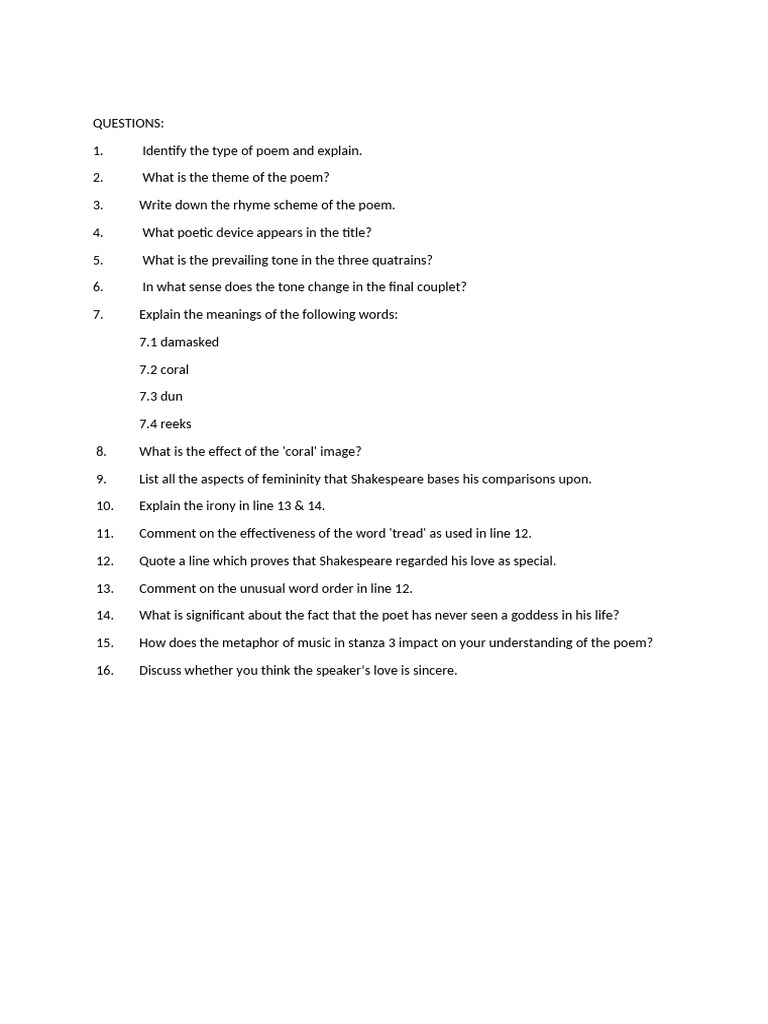 Sonnet 130 Questions AND No Answers | PDF | Art | Poetry