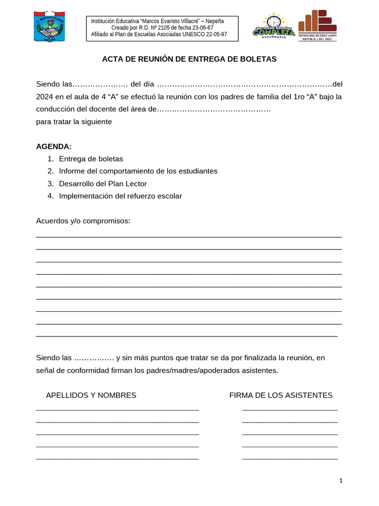 Acta de Reunión de Entrega de Boletas | PDF