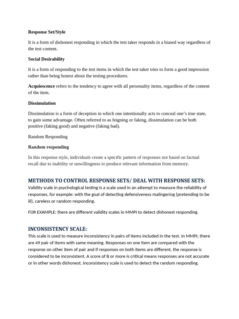 Response Sets & Methods of Handling Dishonest Responding | PDF ...