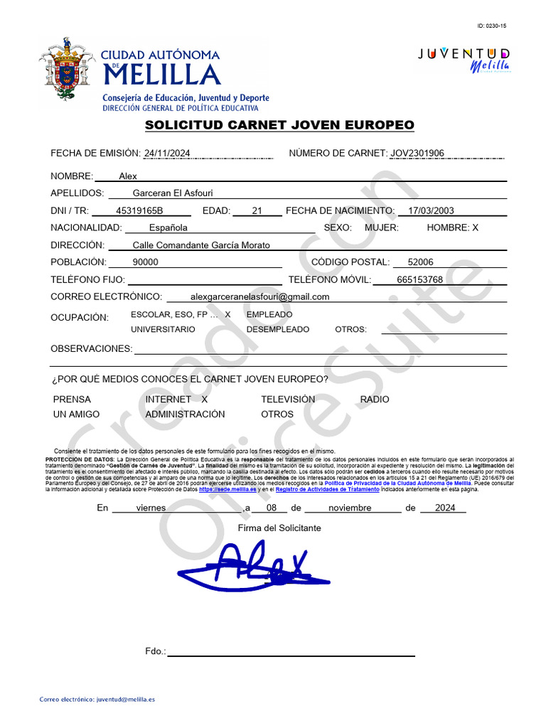 Solicitud Carnet Joven Europeo: Escolar, Eso, FP X Empleado ...