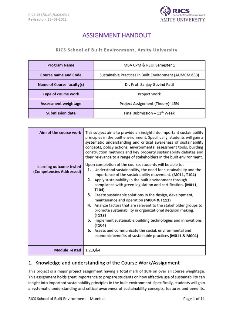 Assignment Handout - DR Sanjay G Patil | PDF | Sustainability | Energy Conservation
