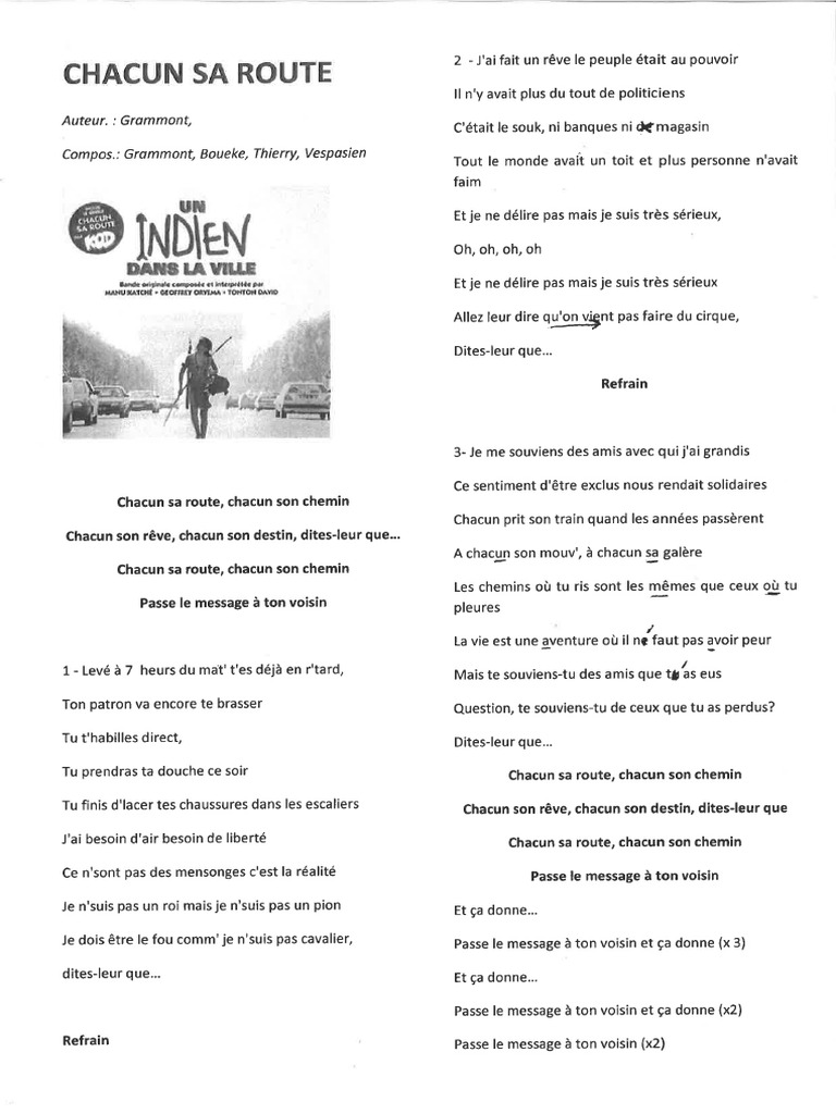 Chacun Sa Route Paroles | PDF