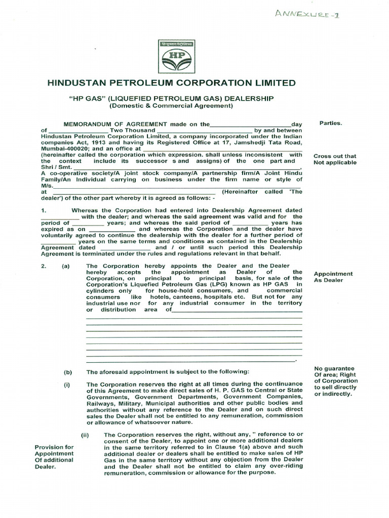 Annexure 1 - HPCL Dealership Agreement | PDF
