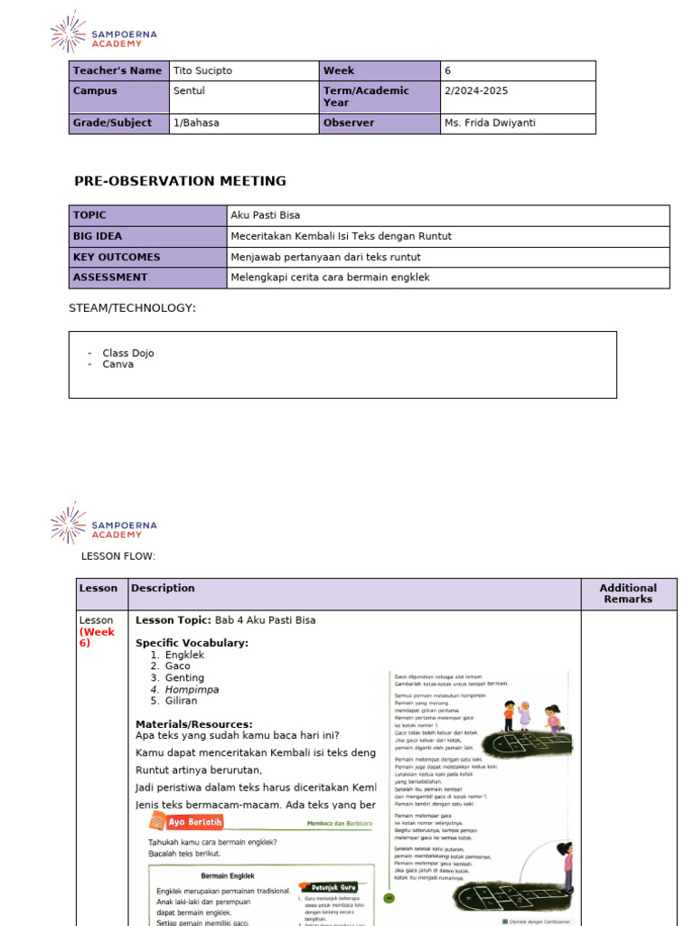 LP Observation Form Bahasa G1 T2 W6 | PDF | Educational Assessment | Learning