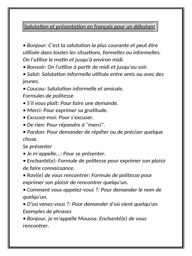 Salutation Et Présentation en Français Pour Un Débutant | PDF