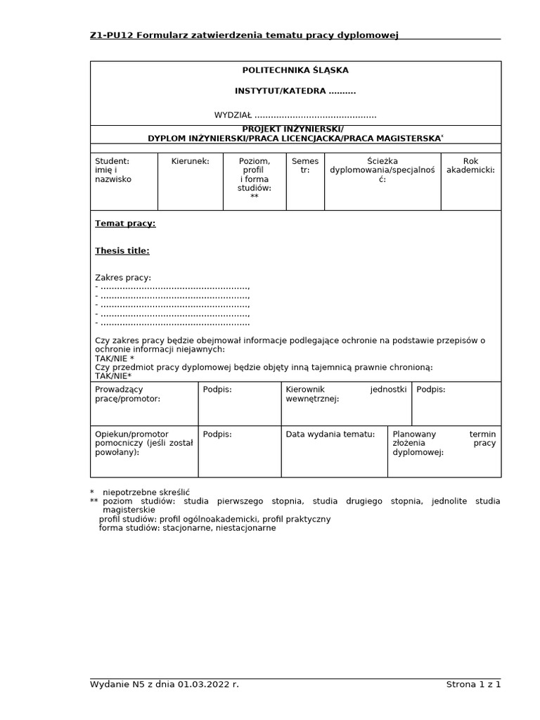 Z1-PU12 Formularz Zatwierdzenia Tematu Pracy Dyplomowej: Politechnika ...