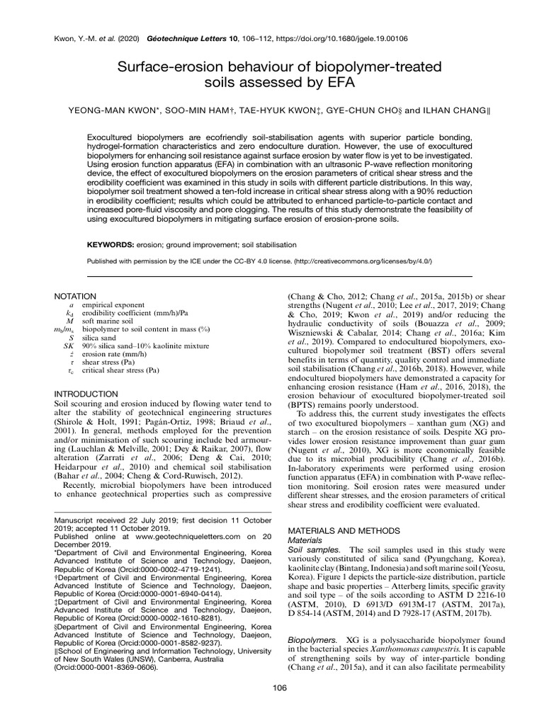 Kwon Et Al 2020 Surface Erosion Behaviour of Biopolymer Treated Soils Assessed by Efa | PDF ...