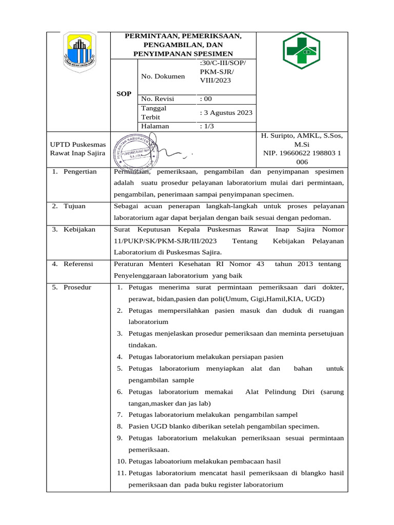 SOP Permintaan, Pemeriksaan, Pengambilan, Dan Penyimpanan Spesimen Terbaru | PDF