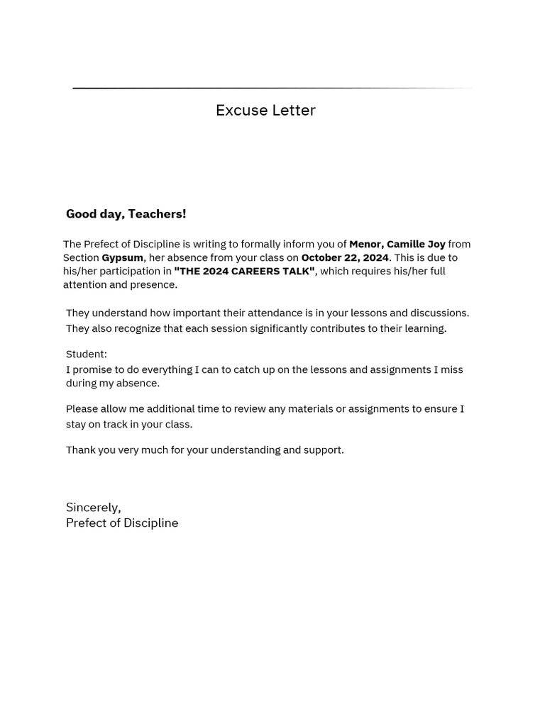 Excuse Letters for Class Absences | PDF | Cognitive Science ...
