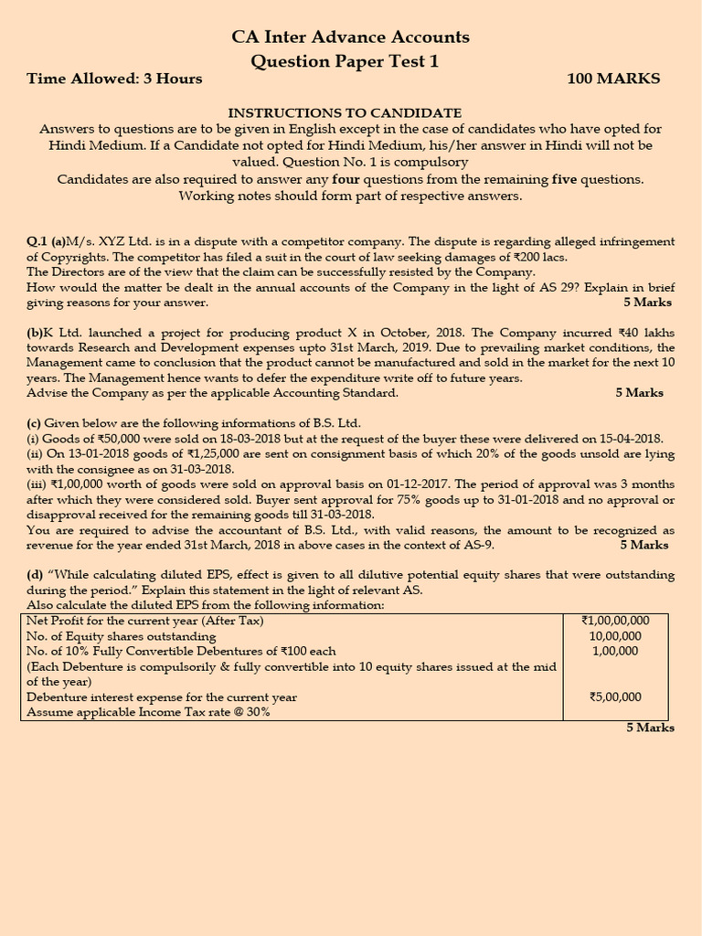 CA Inter Adv Accounts Question Paper Test 1 | PDF | Equity (Finance ...