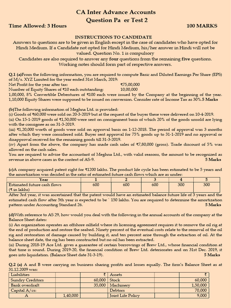 CA Inter Adv Accounts Question Paper Test 2 | PDF | Equity (Finance ...