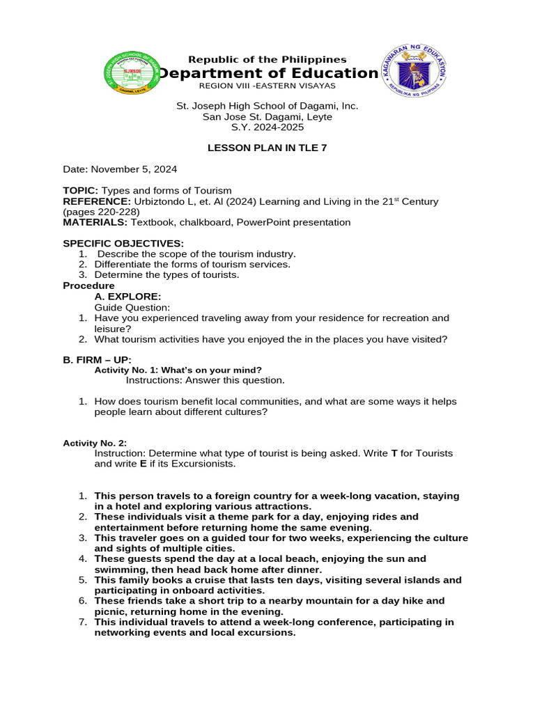 Lesson Plan Sample | PDF | Tourism | Leisure