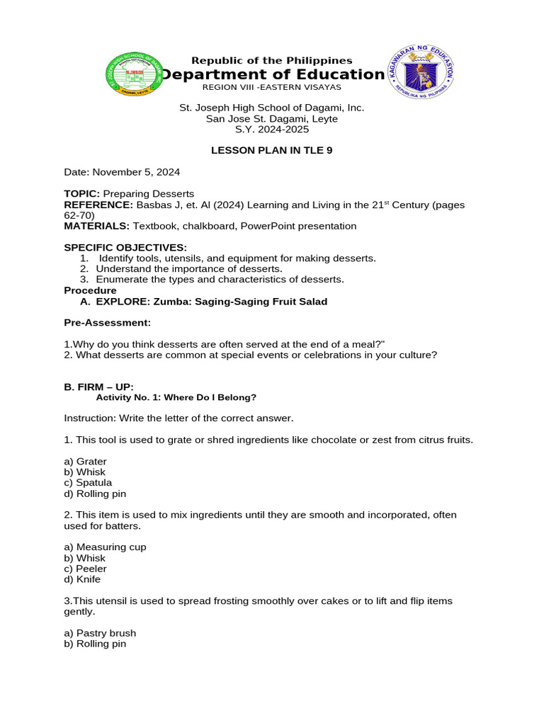 TLE 9 Lesson Plan: Preparing Desserts | PDF | Social Science | Wellness