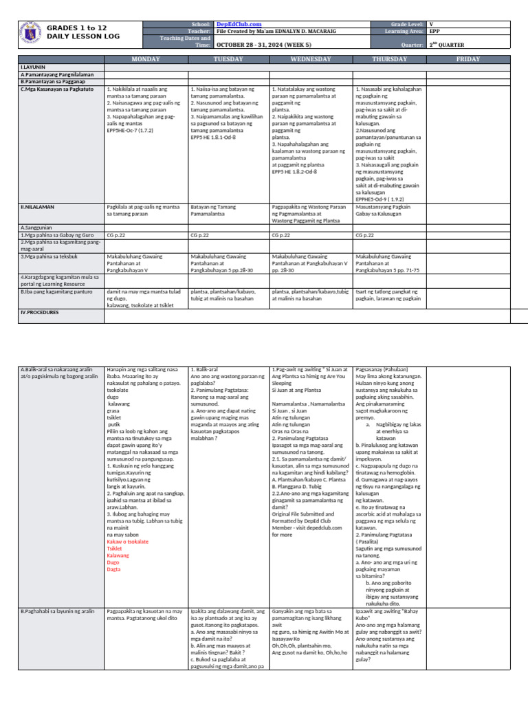 DLL - Epp 5 - Q2 - W5 | PDF