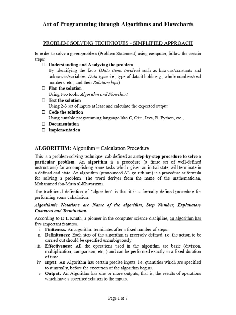 22cs110 210 Unit 1 Art Of Programming Through Algorithms And Flowcharts Pdf Algorithms